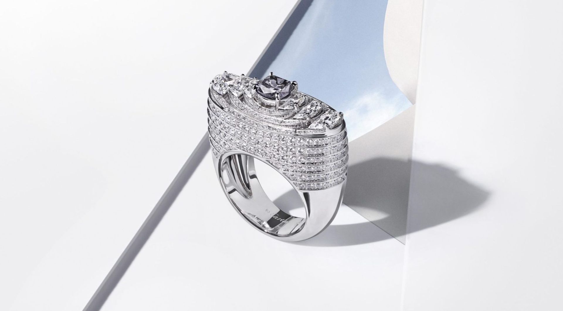 Cartier's Ondule Ring highlights a tapestry of grey-violet diamonds